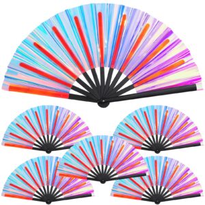 purpeak 6 pcs holographic rave fan 13" festival fan large folding fan large hand fan foldable hand fan rave line dance popping fans for women men edm music festivals halloween party dance club(blue)