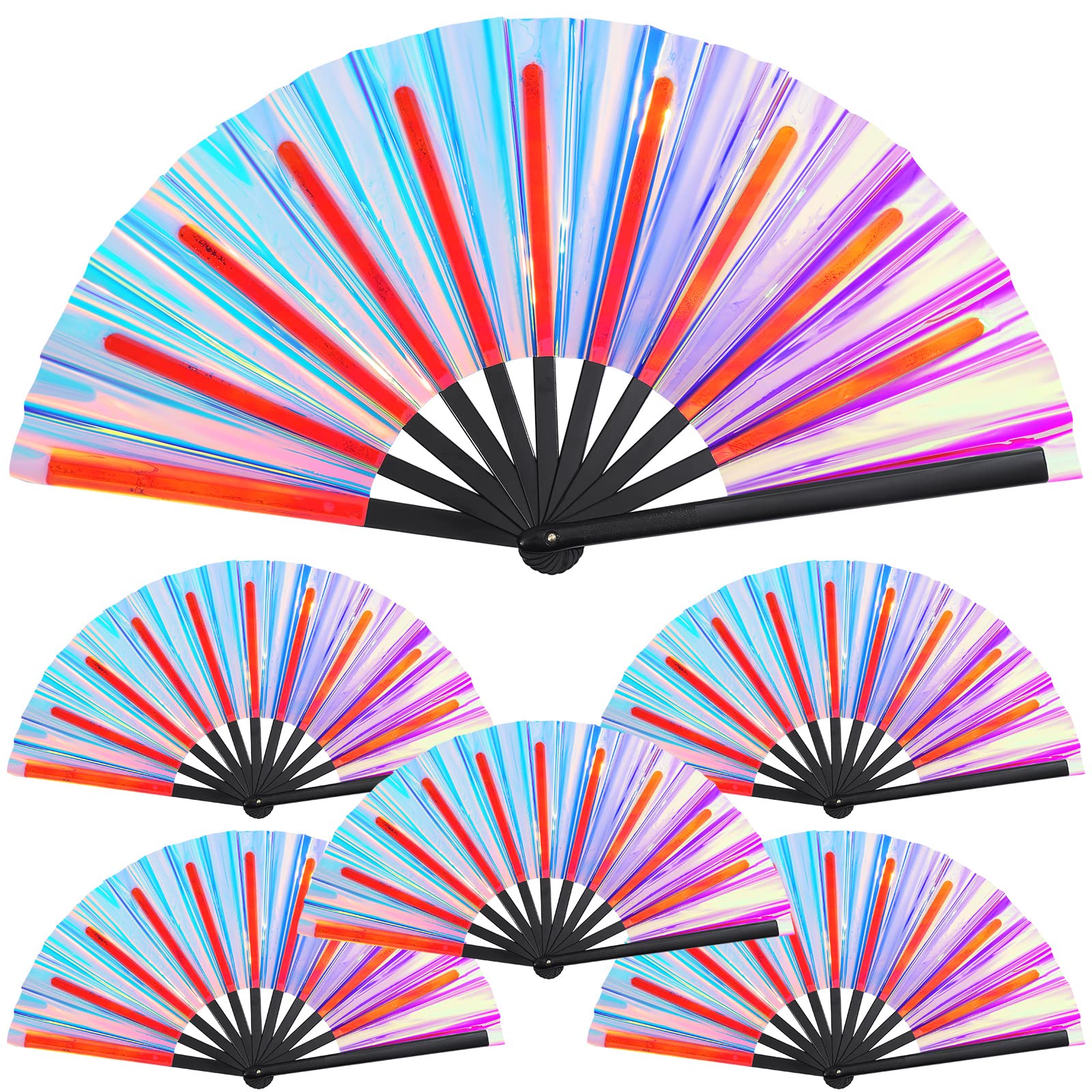 Purpeak 6 Pcs Holographic Rave Fan 13" Festival Fan Large Folding Fan Large Hand Fan Foldable Hand Fan Rave Line Dance Popping Fans for Women Men EDM Music Festivals Halloween Party Dance Club(Blue)