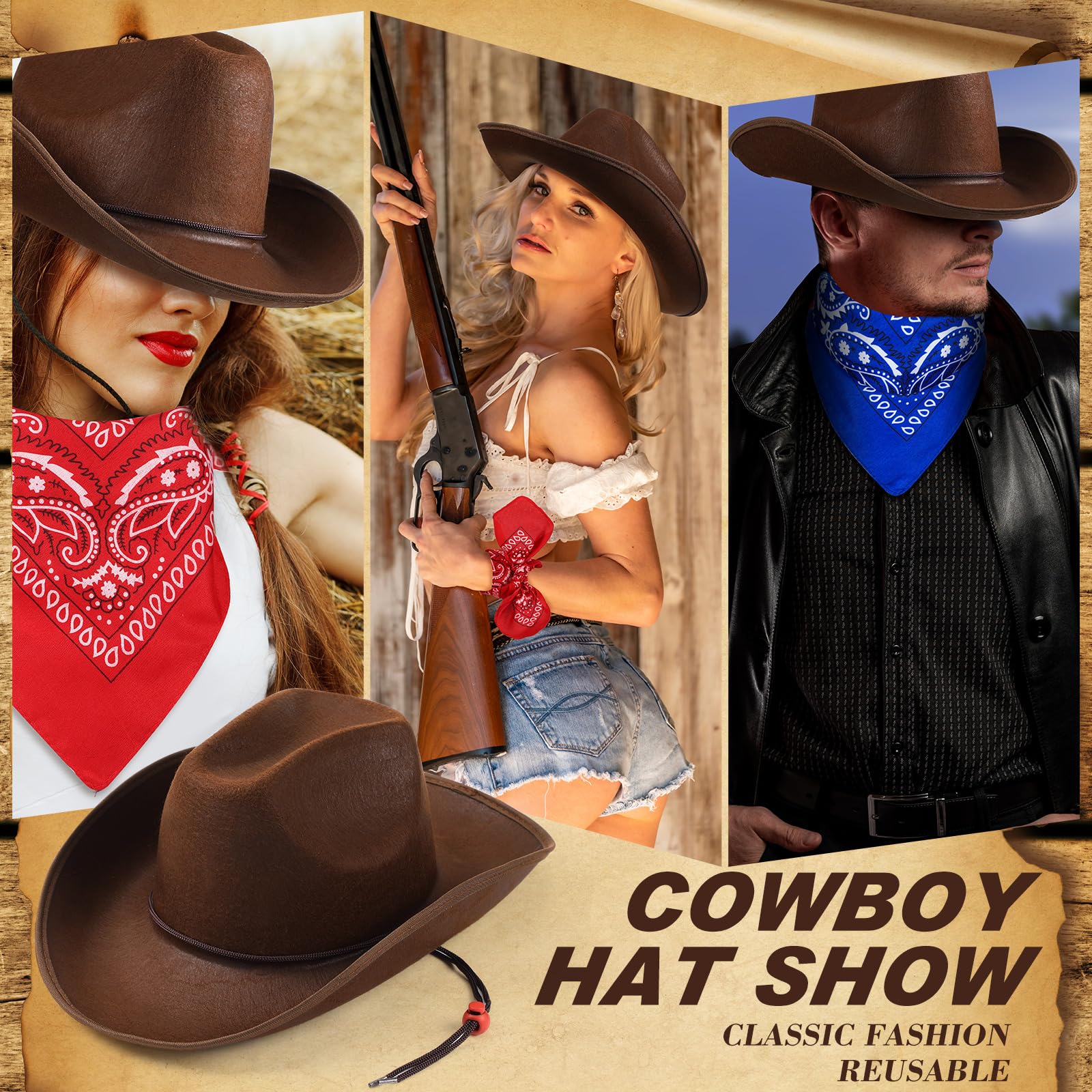 12 Pcs Adult Cowboy Hat for Women and Men Western Cowgirl Hats with Adjustable Drawstring and Cowboy Party Paisley Bandana (Dark Brown, Classic Style)