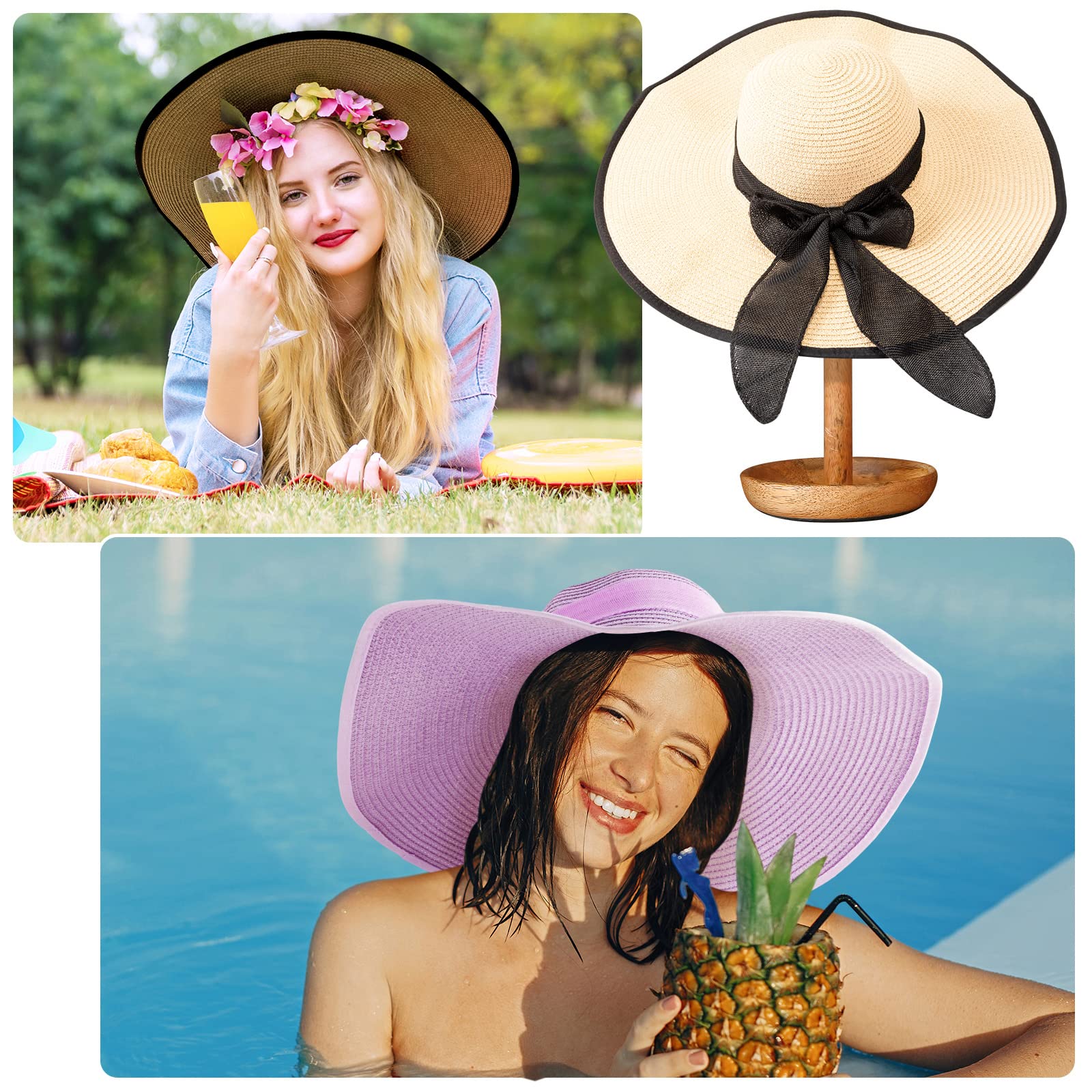 Xtinmee 9 Pcs Women Sun Straw Hat Wide Brim Summer Big Bowknot Straw Hat Floppy Beach Hats Foldable UV Upf50 Protection Beach Cap Adjustable Rope for Ladies Girls Multicolor