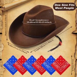 12 Pcs Adult Cowboy Hat for Women and Men Western Cowgirl Hats with Adjustable Drawstring and Cowboy Party Paisley Bandana (Dark Brown, Classic Style)