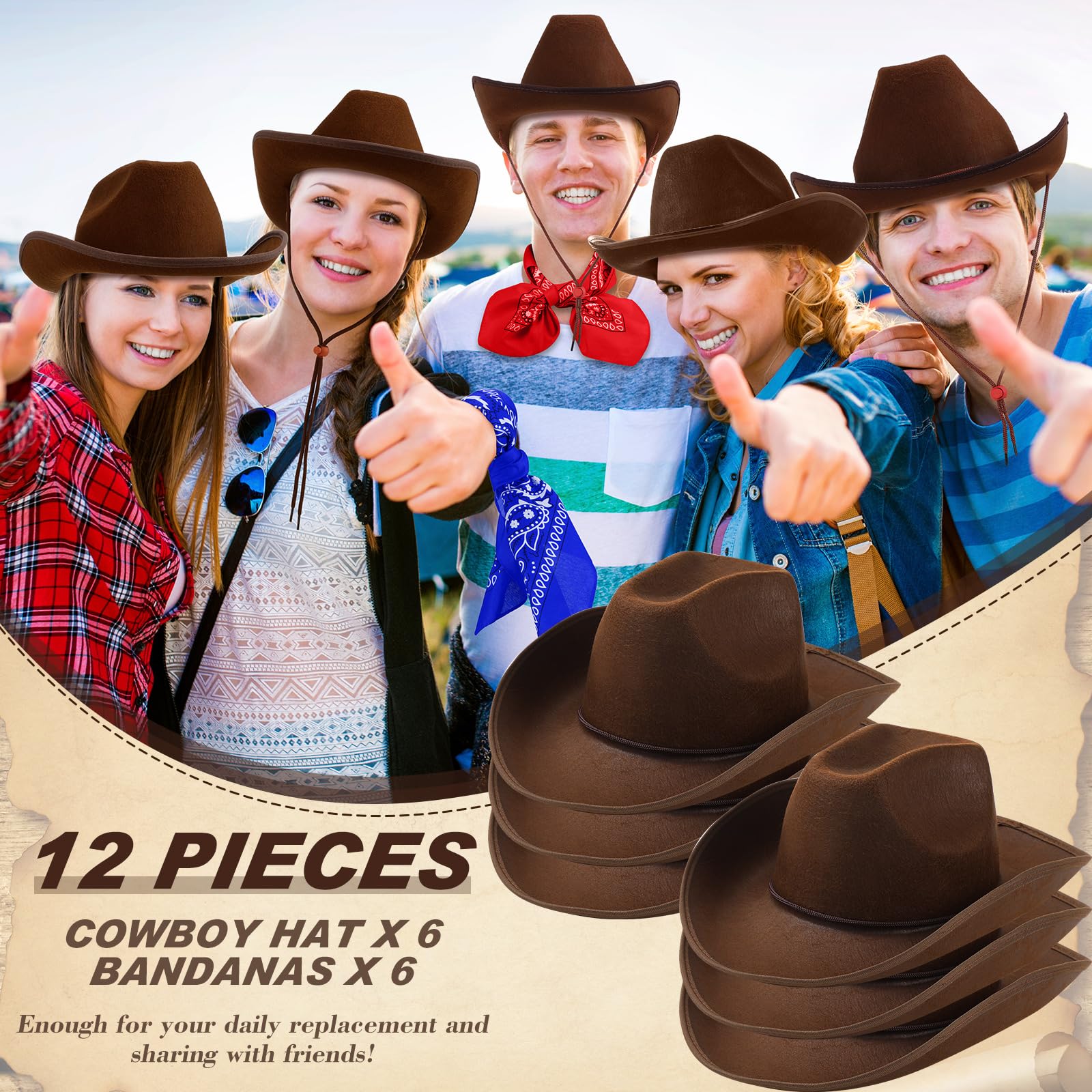 12 Pcs Adult Cowboy Hat for Women and Men Western Cowgirl Hats with Adjustable Drawstring and Cowboy Party Paisley Bandana (Dark Brown, Classic Style)