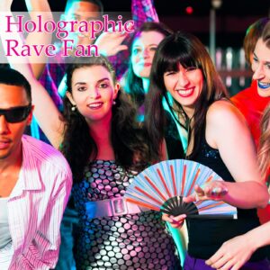 Purpeak 6 Pcs Holographic Rave Fan 13" Festival Fan Large Folding Fan Large Hand Fan Foldable Hand Fan Rave Line Dance Popping Fans for Women Men EDM Music Festivals Halloween Party Dance Club(Blue)