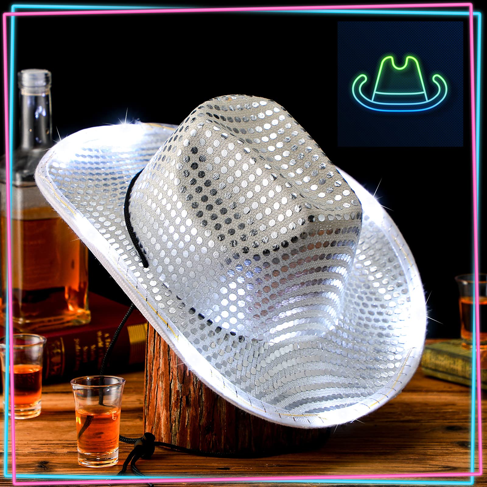 Tisancy 20 Pack Lights Cowboy Cowgirl Hat LED Flashing Hat Light Up Hat for Western Bachelorette Party Wedding Bridal(Silver,Trendy)