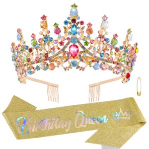 atoden birthday queen tiara crown sash tiaras and crowns for women girls crystal princess tiara rhinestone headbands quinceanera crown multicolor headpieces happy birthday decorations