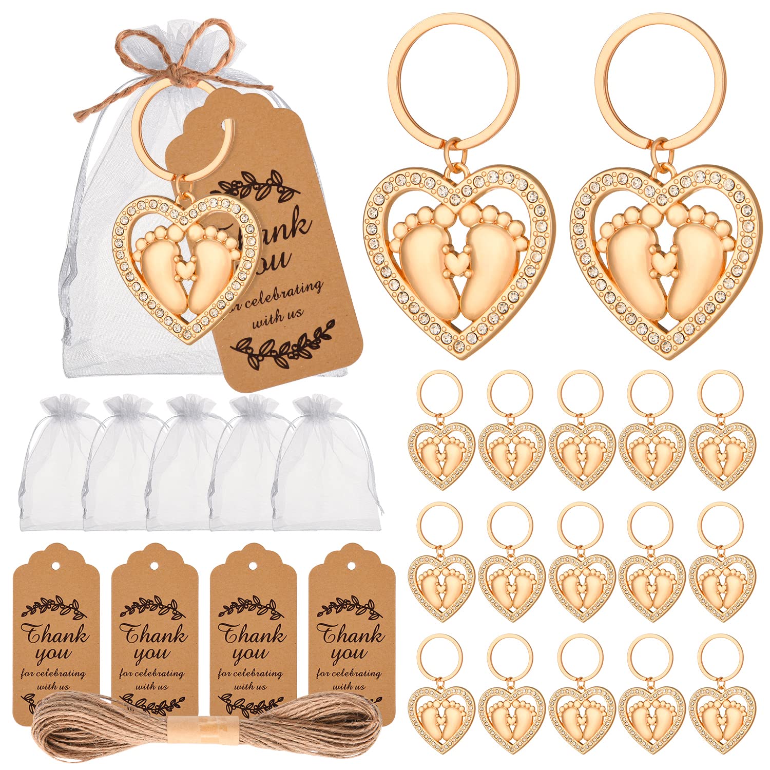 24 Pieces of Caring Foot Design Keychain and Keyring Favored for Baby Showers and Weddings, Party Gifts, Souvenirs or Decorations, with Labels and Silk Bags