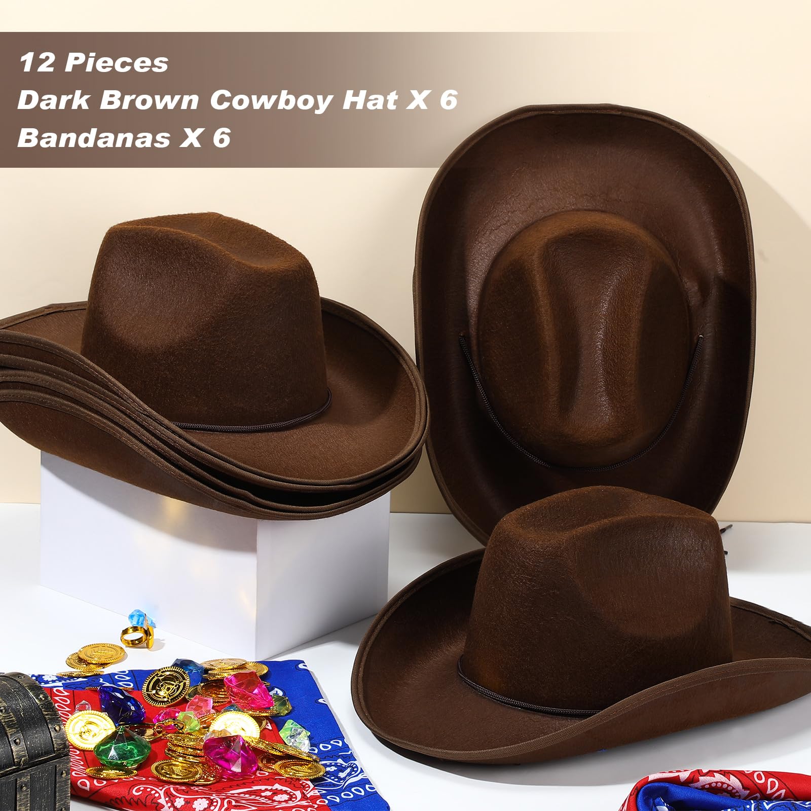 12 Pcs Adult Cowboy Hat for Women and Men Western Cowgirl Hats with Adjustable Drawstring and Cowboy Party Paisley Bandana (Dark Brown, Classic Style)