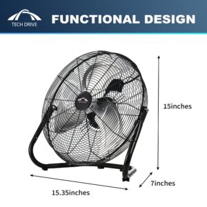 Tech Drive High Velocity Floor Fan,12 inch Heavy Duty Metal Industrial Fans,3 Powerful Speed,360° Adjustable Tilting and All Metal Construction, Black