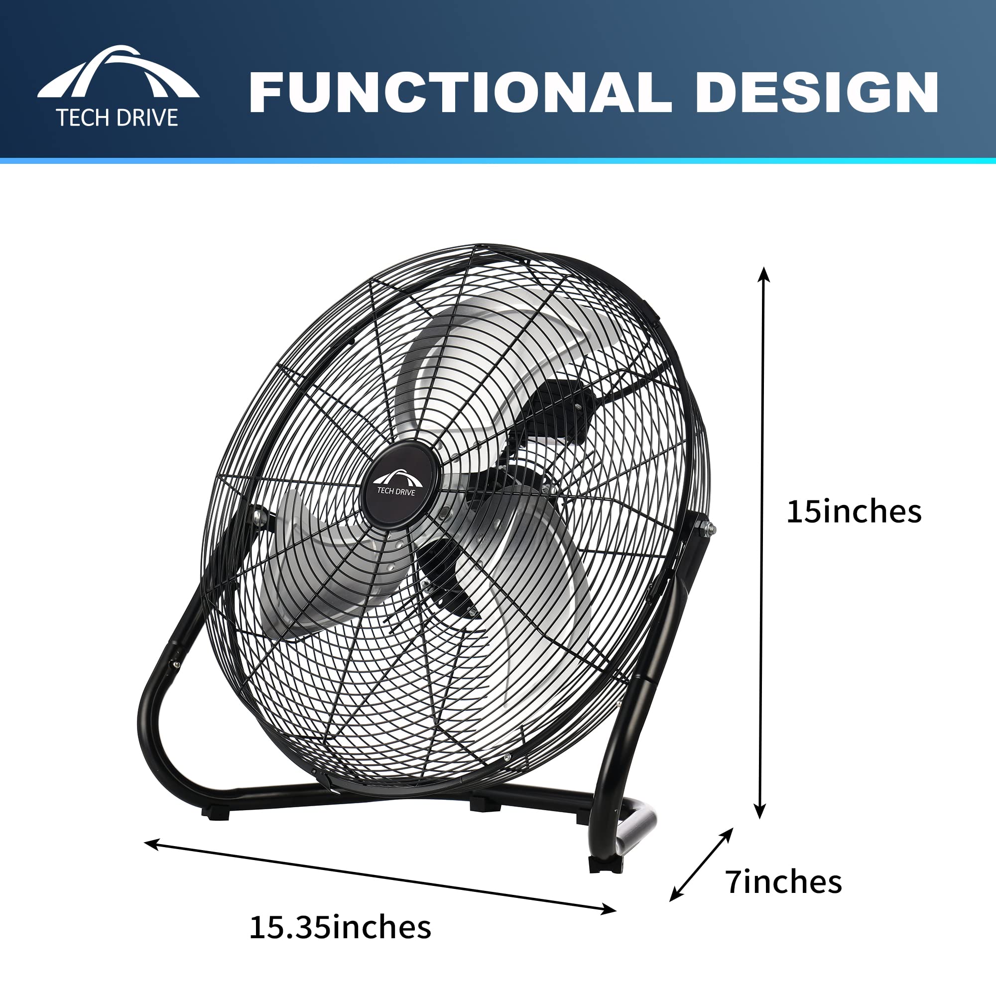 Tech Drive High Velocity Floor Fan,12 inch Heavy Duty Metal Industrial Fans,3 Powerful Speed,360° Adjustable Tilting and All Metal Construction, Black