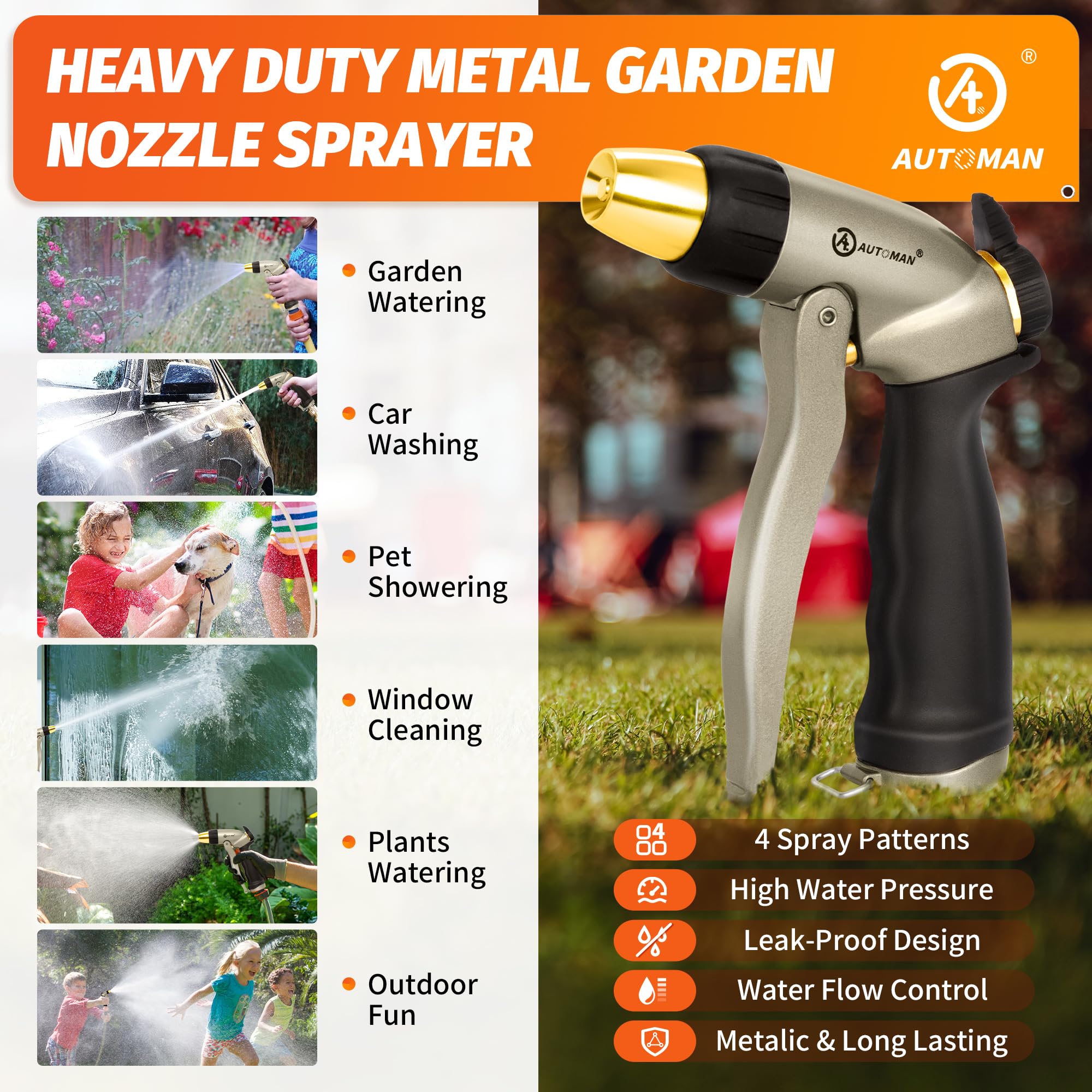 AUTOMAN Garden Hose Nozzle - 100% Metal High Pressure Spray Nozzle, Adjustable Spray Patterns,Labor-Saving,Heavy Duty Water Hose Nozzle for Garden Watering, Car Washing, Window Cleaning,Pets Showering