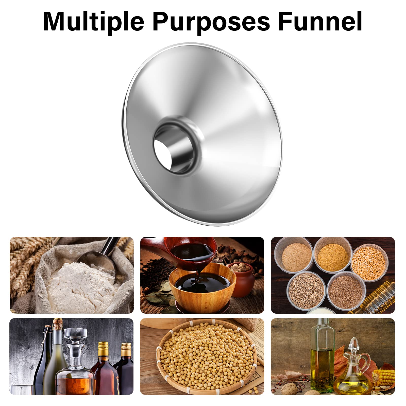 Serinar Stainless steel funnel, 2 large and small mouth filling kitchen funnels, liquids, fluids, spices and powders, durable and washable.