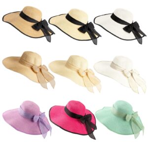 xtinmee 9 pcs women sun straw hat wide brim summer big bowknot straw hat floppy beach hats foldable uv upf50 protection beach cap adjustable rope for ladies girls multicolor