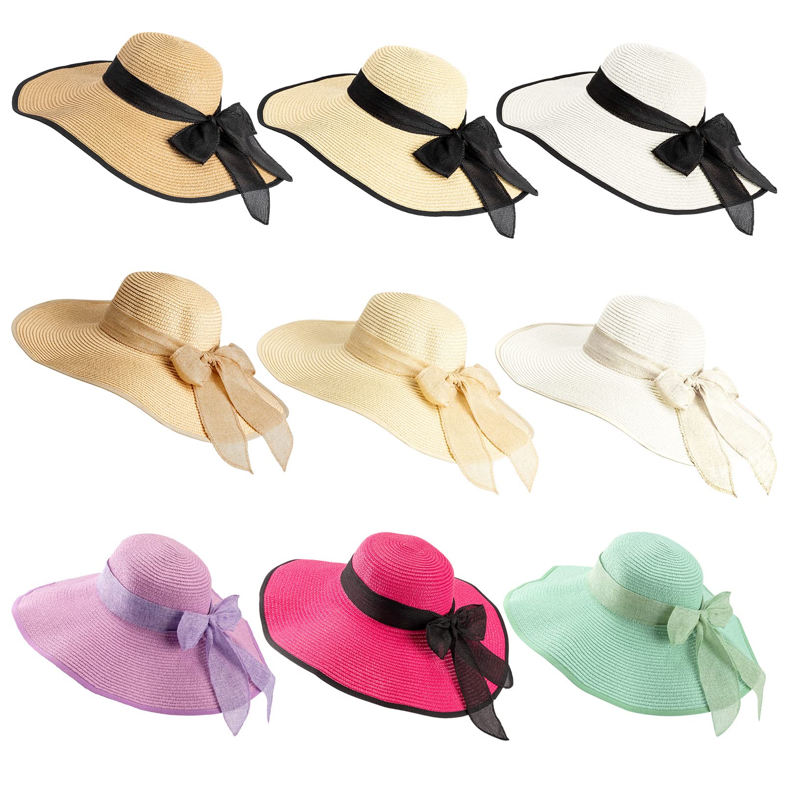 Xtinmee 9 Pcs Women Sun Straw Hat Wide Brim Summer Big Bowknot Straw Hat Floppy Beach Hats Foldable UV Upf50 Protection Beach Cap Adjustable Rope for Ladies Girls Multicolor