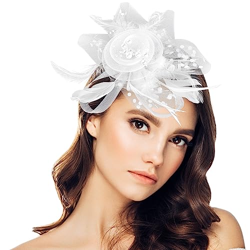 Fascinators Hat for Women Tea Party Headwear Flower Mesh Headband Wedding Cocktail Hair Clip for Girls and Women (White)