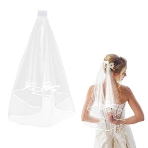 amaxiu short wedding bridal veil with comb, 2 tier tulle bride veil elbow length wedding veil ribbon edge 60-80cm/23-31in