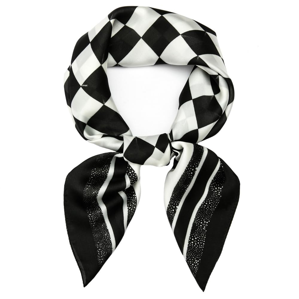 NaSoPerfect 27 inch Silk Feeling Scarf Square Hair Scarf Satin Head Scarf Fashion Checkerboard Print Neck Scarfs for Women Black and White