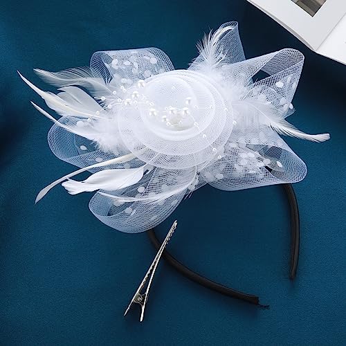 Fascinators Hat for Women Tea Party Headwear Flower Mesh Headband Wedding Cocktail Hair Clip for Girls and Women (White)