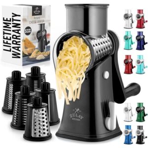 zulay rotary cheese grater 5 blade cheese shredder - manual hand crank cheese grater with reinforced suction & 5 interchangeable drums - easy to use, vegetable chopper round mandoline slicer - black