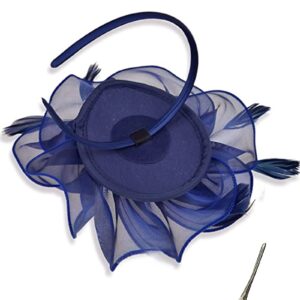 QDC Fascinators Hat Tea Party Derby Headwear Wedding Cocktail Hair Clip Bowler Feather Flower for Girls and Women Darkblue