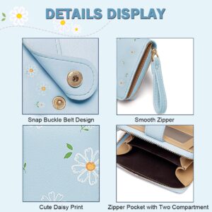 Sunwel Fashion Cute Daisy Flowers Print Wallets with Exterior Zipper Around Coin Purse Bifold Bill Wallet with Credit Card Holder Id Window (BLUE)