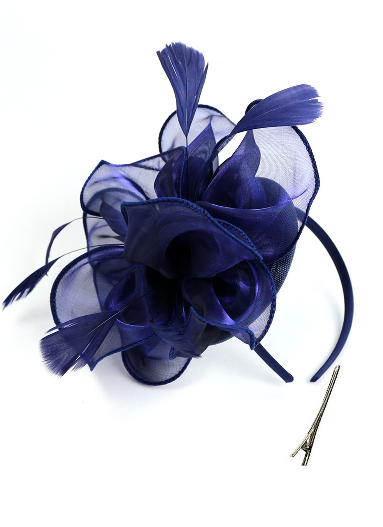 QDC Fascinators Hat Tea Party Derby Headwear Wedding Cocktail Hair Clip Bowler Feather Flower for Girls and Women Darkblue