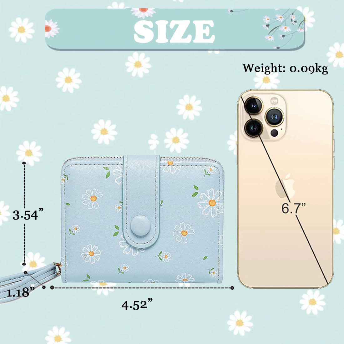 Sunwel Fashion Cute Daisy Flowers Print Wallets with Exterior Zipper Around Coin Purse Bifold Bill Wallet with Credit Card Holder Id Window (BLUE)