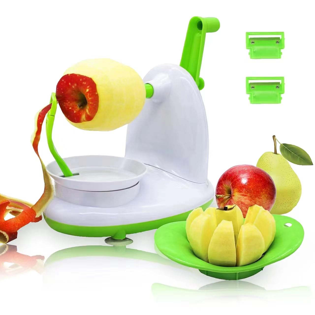 Upgraded Apple Peeler and Corer for Apple Pear Citrus Manual Rotating Kitchen Gadget Includes 2 Replacement Heads and 1 Splitter (whitish green)