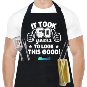 50th birthday gifts for men women, 1974 happy 50th birthday gift ideas, 50th chef aprons for men with 3 pockets, funny cooking aprons for 50 years old men, women, dad, mom, husband, wife, friends