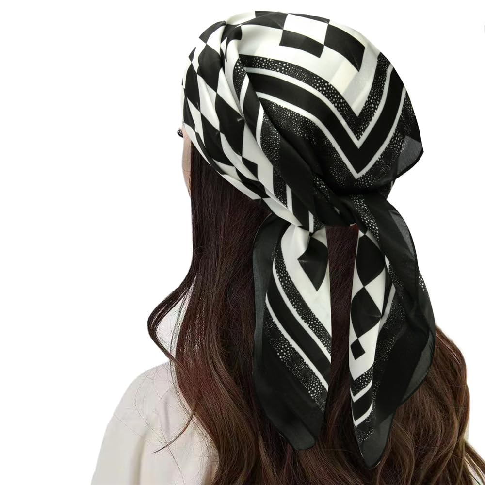 NaSoPerfect 27 inch Silk Feeling Scarf Square Hair Scarf Satin Head Scarf Fashion Checkerboard Print Neck Scarfs for Women Black and White