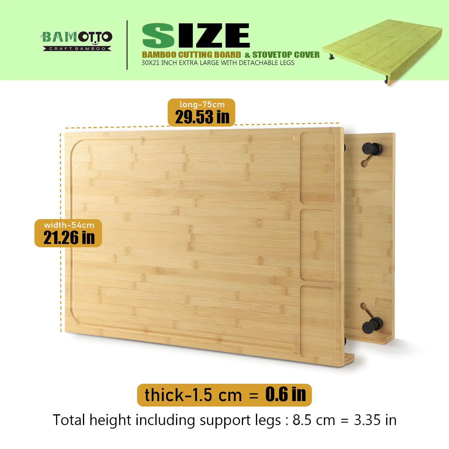 30 x 21 in Extra Large Bamboo Cutting Board and Stovetop Cover, Stove Top Cover Chopping Board with Detachable Legs and Juice Groove, Sink Cover Board, for Restaurant Kitchen Countertop