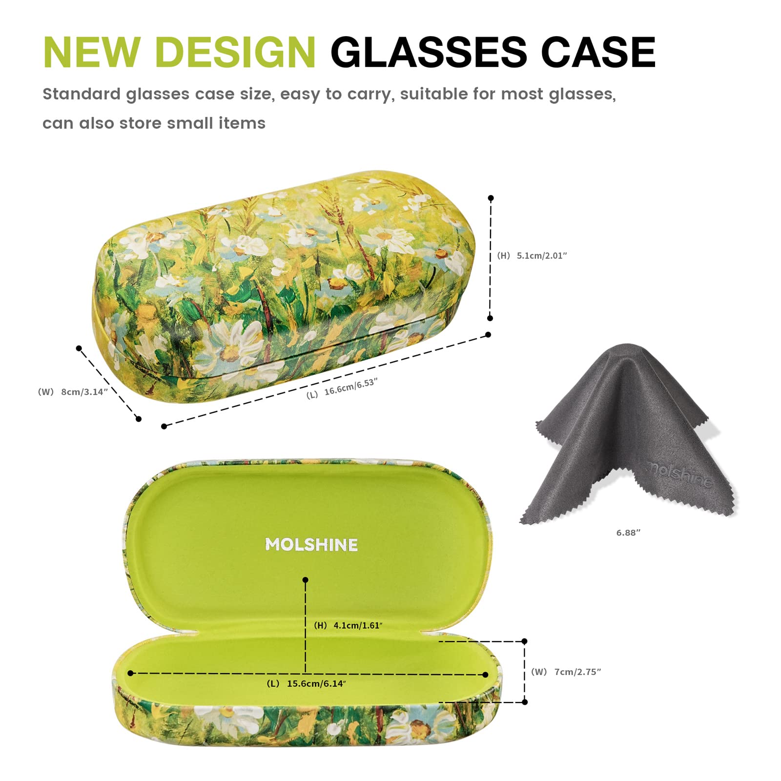 molshine Hard Shell Leather Sunglasses Case,Classic Large Glasses Case for Women Men,Sunglass Eyeglasses (Green Daisy)