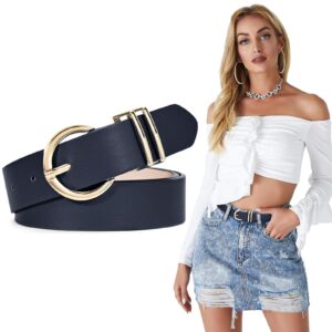 WHIPPY Women Leather Belt Fashion Design belt Gold Buckle Ladies Belt for Jeans Pants Dresses Navy Blue M