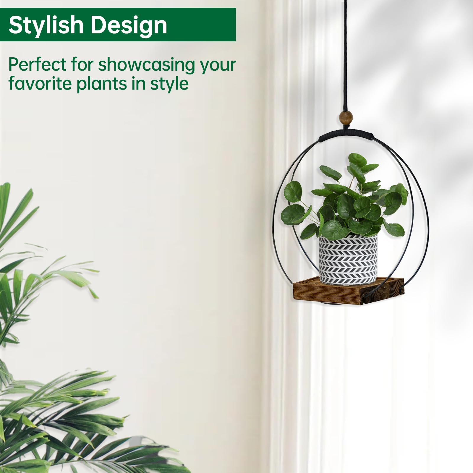 hismocal Hanging Planters for Indoor Plants, Black Plant Hanger Indoor with Sturdy Wood Base, Modern Boho Macrame Plant Hanger, Hanging Wall Ceiling Window Home Decor (Plants/Pots Not Included)