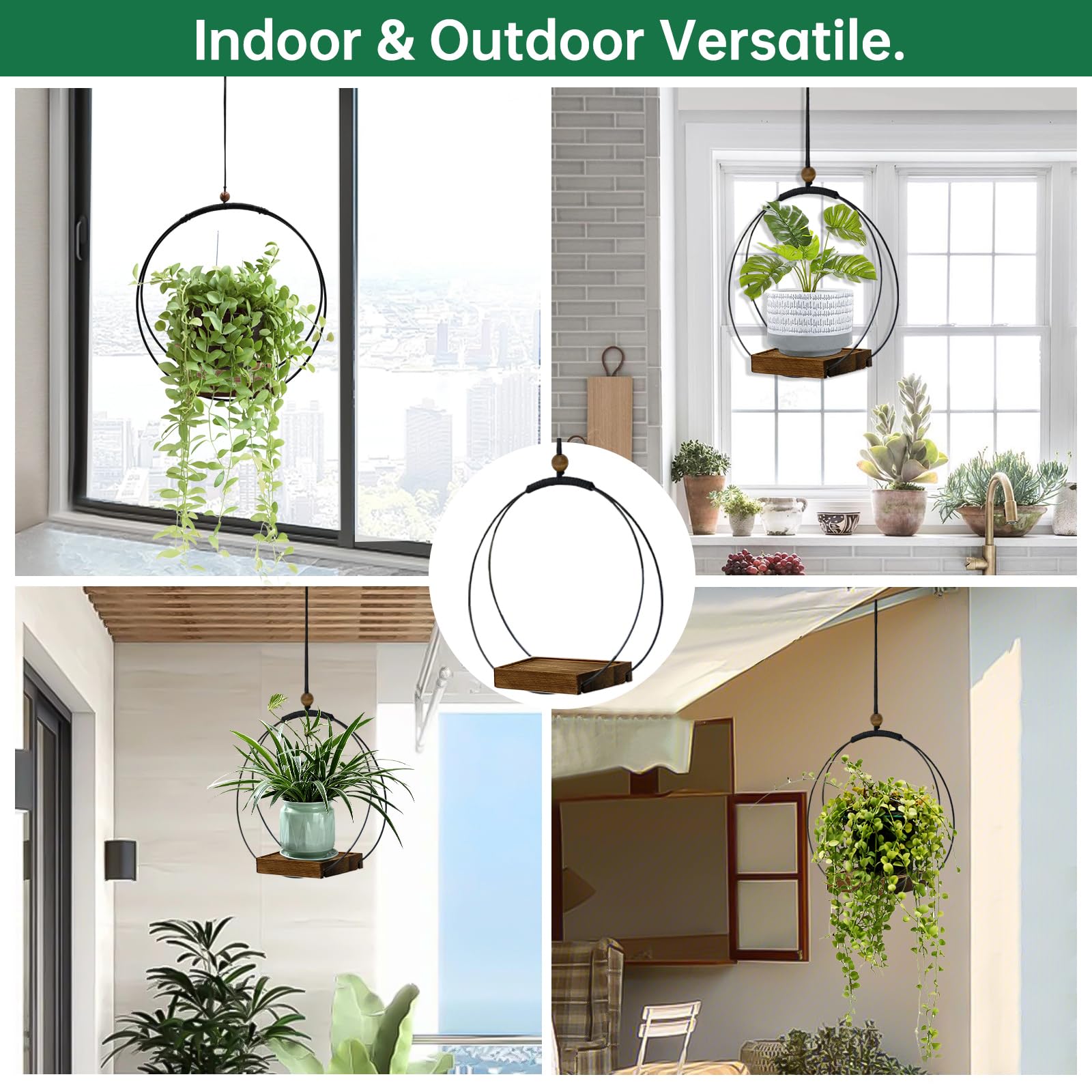 hismocal Hanging Planters for Indoor Plants, Black Plant Hanger Indoor with Sturdy Wood Base, Modern Boho Macrame Plant Hanger, Hanging Wall Ceiling Window Home Decor (Plants/Pots Not Included)