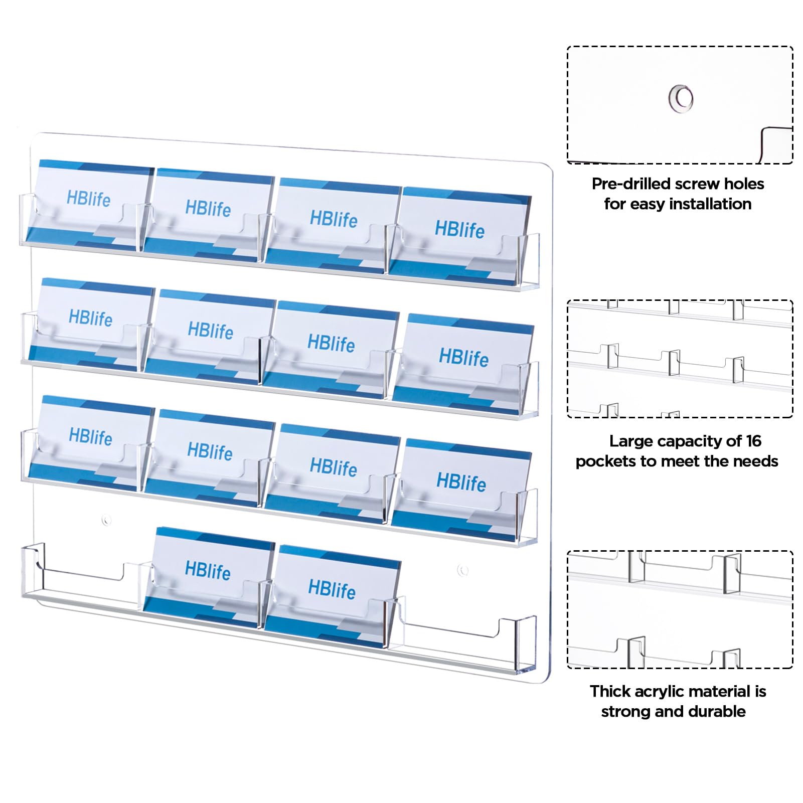 HBlife Clear Acrylic Business Card Holder Wall Mount Sticker Display Rack Multiple Cards Organizer for Gift Cards and Brochures, 16 Pockets