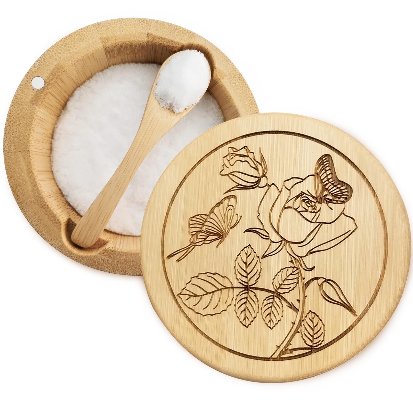 ThougrLyh Bamboo Salt Cellar Box Container Bowl with Lid and Spoon Kitchen Spice Cellars Salt Holder Saver Jar with Swivel Magnetic Lid to Storage Salt Pepper Seasonings