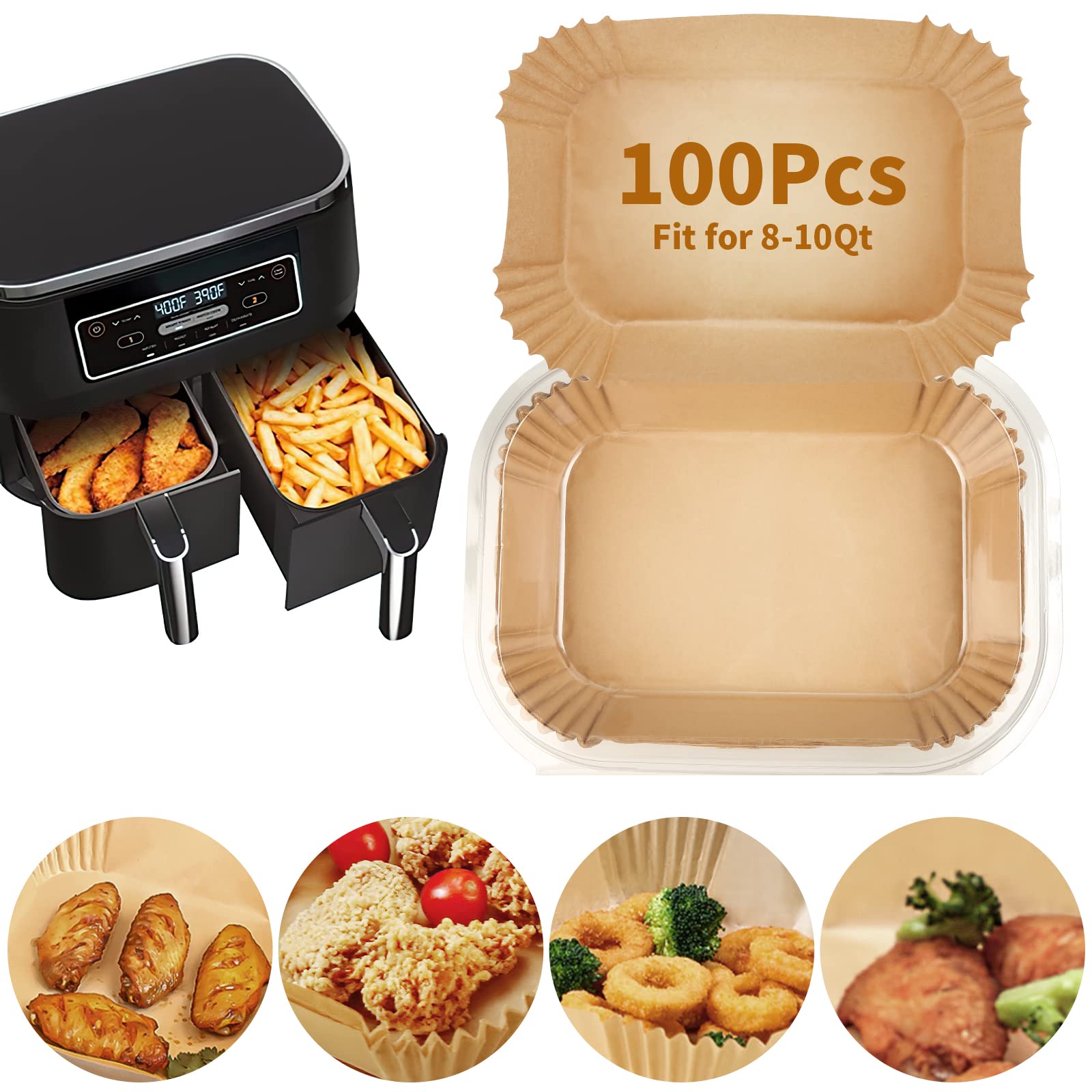 Air Fryer Disposable Paper Liner for Ninja DZ201/DZ401/DZ550/SL401/SL201/DZ302/SL451,100PCs Rectangle 8.6x 5.5'' Baking Parchment Paper Inserts Accessories,Ninja Foodi Dual Papel para Freidora de Aire