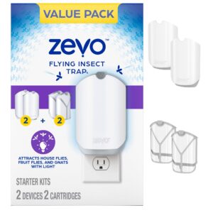 zevo flying insect trap for indoors: light trap captures fruit flies, gnats and houseflies, starter kit value pack (2 plug-in bases + 2 cartridges)