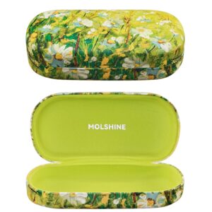 molshine hard shell leather sunglasses case,classic large glasses case for women men,sunglass eyeglasses (green daisy)