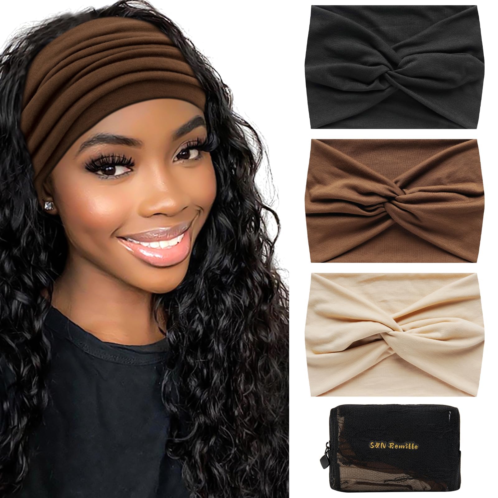 S&N Remille Wide Boho Headbands for Women Extra Large Turban Headband Hairband Hair Twisted Knot Accessories 3 Pack