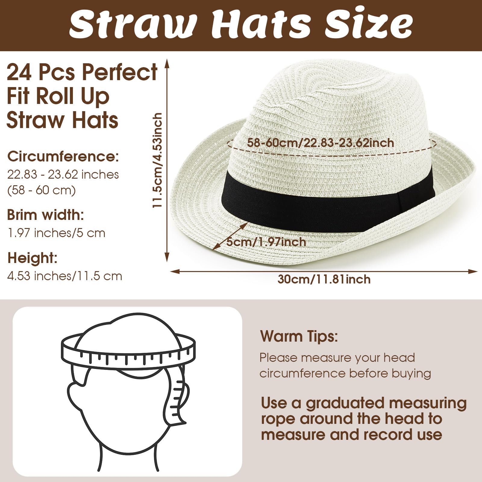 Jeyiour 24 Pcs Women Straw Hat Bulk Panama Hat Men Short Brim Packable Sun Trilby Hat Summer Hats Foldable Straw Beach Hat for Women Men Vacation, Khaki Beige and White