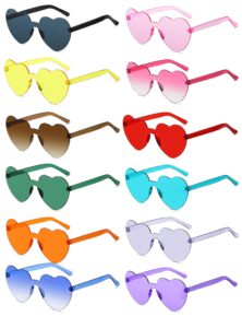 colrea 12 pairs heart sunglasses for women men, trendy heart shaped rimless transparent sunglasses, colorful frameeless heart glasses, bachelorette party favors