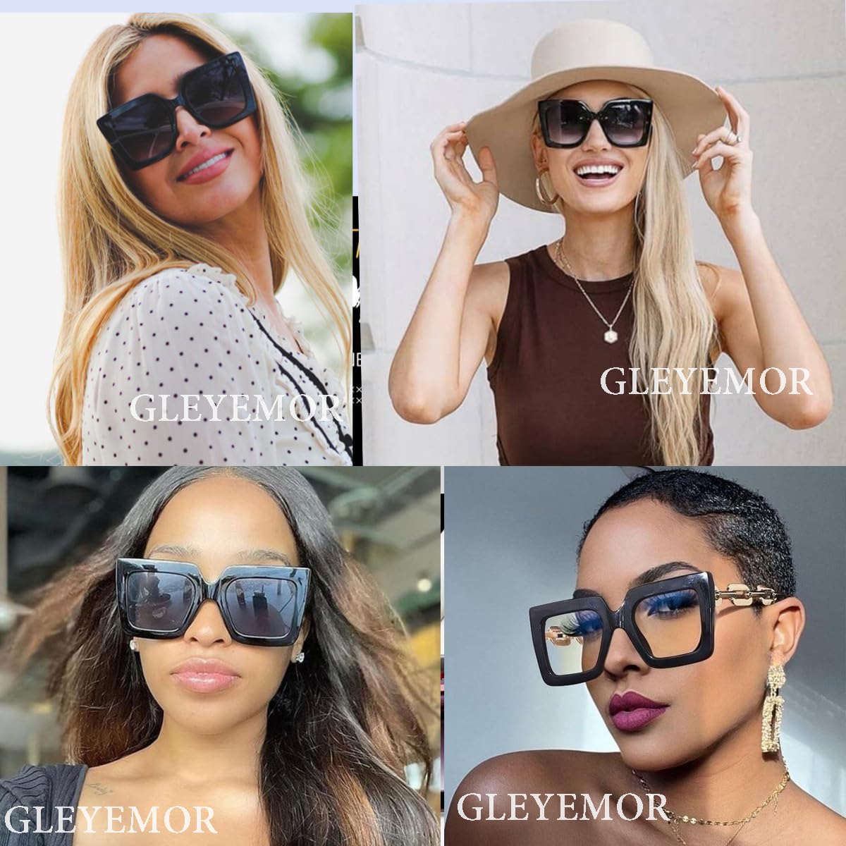 Gleyemor Trendy Oversized Square Sunglasses for Women, Retro Womens Luxury Large Sun Glasses UV400 Protection (Black/Grey)