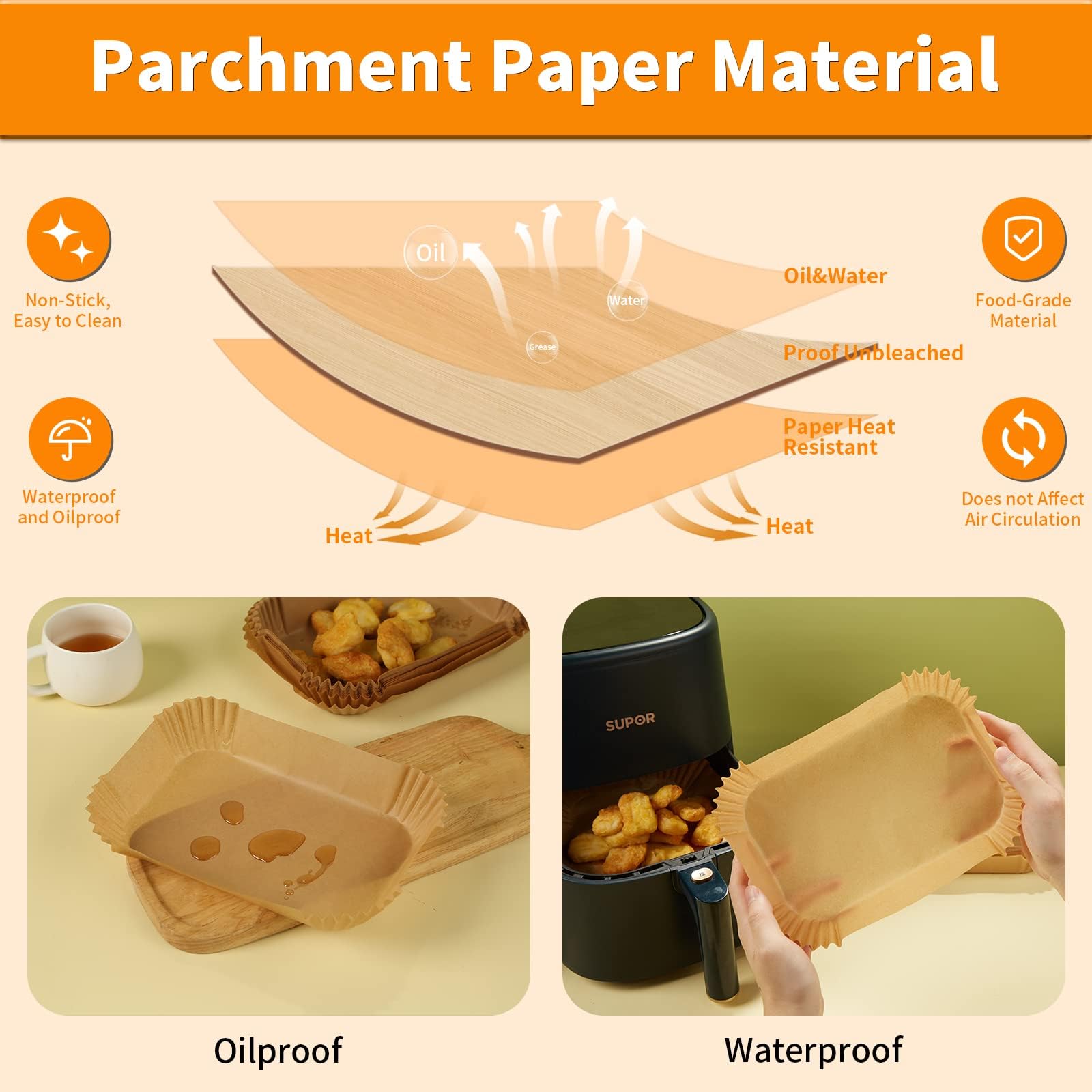 Air Fryer Disposable Paper Liner for Ninja DZ201/DZ401/DZ550/SL401/SL201/DZ302/SL451,100PCs Rectangle 8.6x 5.5'' Baking Parchment Paper Inserts Accessories,Ninja Foodi Dual Papel para Freidora de Aire