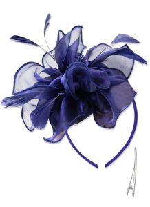 qdc fascinators hat tea party derby headwear wedding cocktail hair clip bowler feather flower for girls and women darkblue