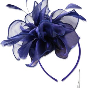 QDC Fascinators Hat Tea Party Derby Headwear Wedding Cocktail Hair Clip Bowler Feather Flower for Girls and Women Darkblue