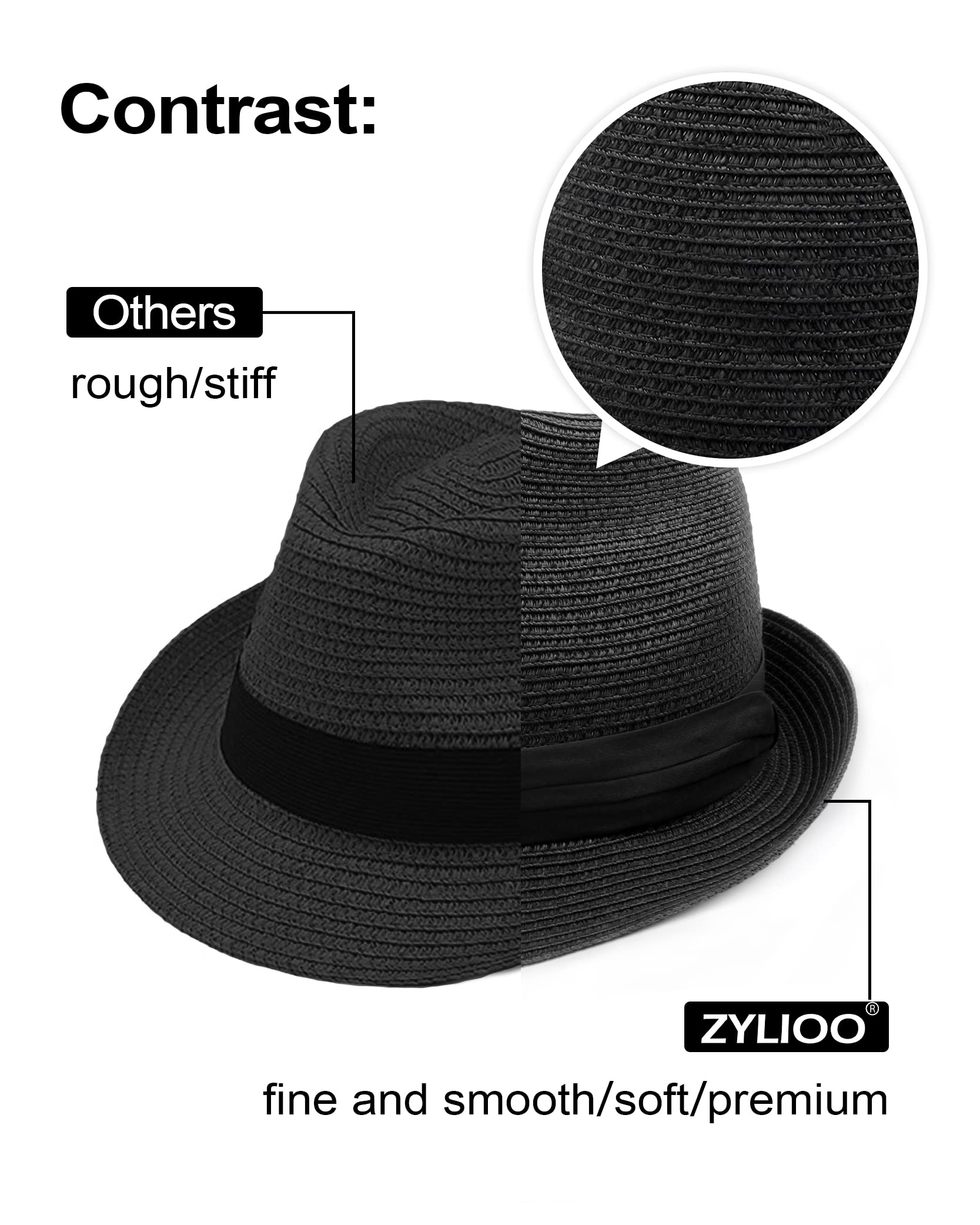 Zylioo XXL Oversize Straw Trilby Hat,Big and Tall Short Brim Panama Hats,Roll Up Summer Fedora Hat