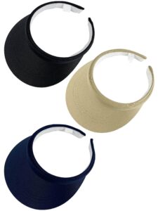 3 pack sun visor hats womens men adjustable clip on visors summer wide brim outdoor hat golf tennis hiking cap headwear (black, navy, khaki)