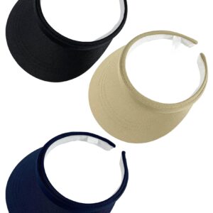 3 Pack Sun Visor Hats Womens Men Adjustable Clip On Visors Summer Wide Brim Outdoor Hat Golf Tennis Hiking Cap Headwear (Black, Navy, Khaki)