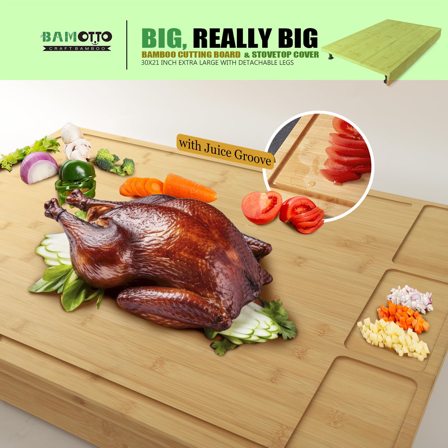 30 x 21 in Extra Large Bamboo Cutting Board and Stovetop Cover, Stove Top Cover Chopping Board with Detachable Legs and Juice Groove, Sink Cover Board, for Restaurant Kitchen Countertop